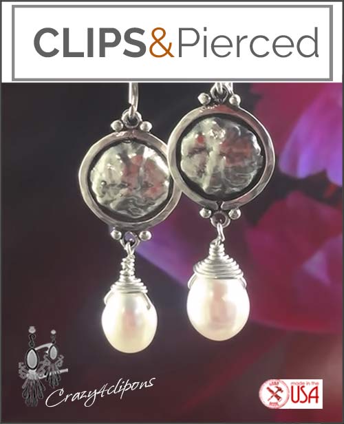 Hammered Sterling Silver & Pearl Clip On Earrings
